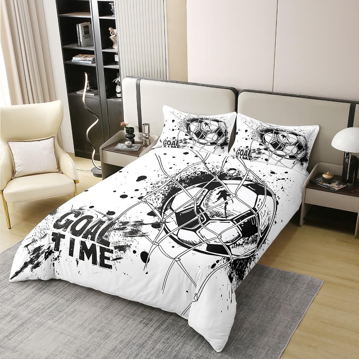 Kids Football 100% Cotton Comforter Cover Queen Size American Soccer Bedding Set Sports Games Duvet Cover For Boys Girls Children Teens Geometric Polygon Quilt Cover For Bedroom, Black White