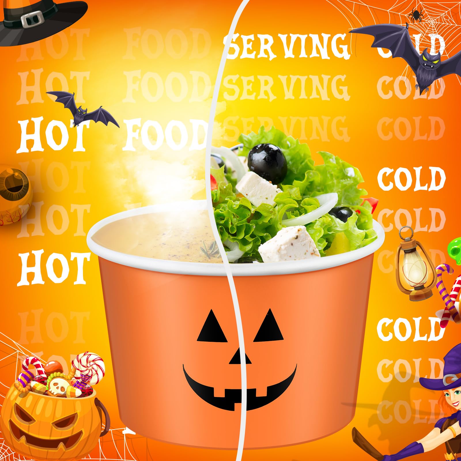 Hsei 60 Pcs 16oz Halloween Disposable Bowls Pumpkin Paper Snack Bowls Ice Cream Cups Soup Bowls for Halloween Dessert Sundae Yogurt Cups Hot Cold Drink for Holiday Party Supplies