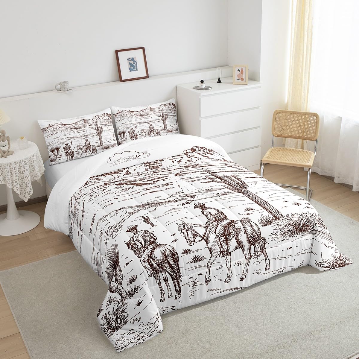 Cowboy Comforter Set Western Bedding Queen Size Wild West American Desert Rustic Hand Drawn Illustration Bedroom Decor Bedding Comforter Sets For Boys Adults Men Girls Rustic Farmhouse Duvet Insert