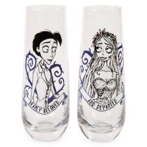 silver buffalo tim burton's corpse bride dearly beloved 9-ounce stemless fluted glassware, set of 2 | toasting champagne glass cups for wine, mimosas, cocktails