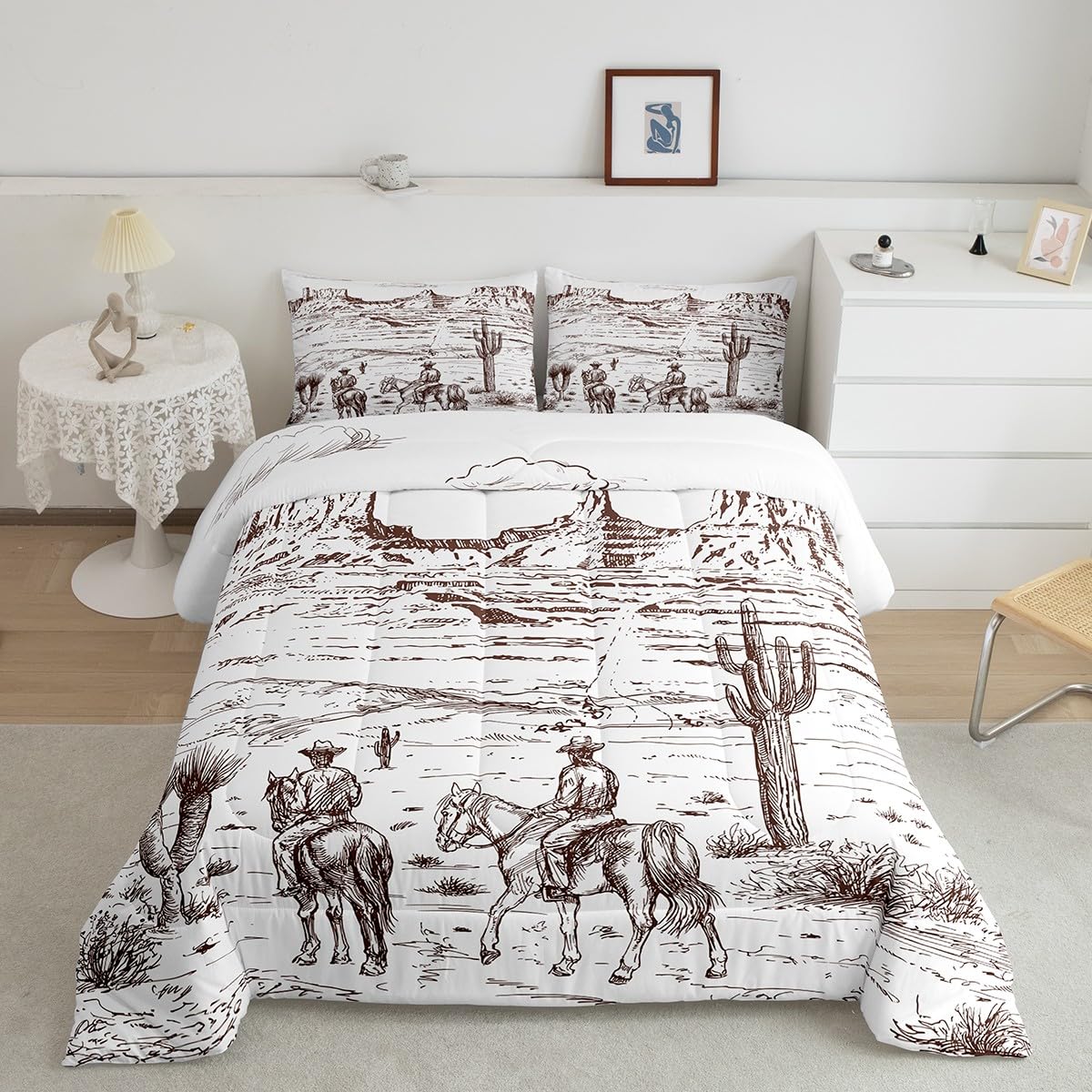 Cowboy Comforter Set Western Bedding Queen Size Wild West American Desert Rustic Hand Drawn Illustration Bedroom Decor Bedding Comforter Sets For Boys Adults Men Girls Rustic Farmhouse Duvet Insert