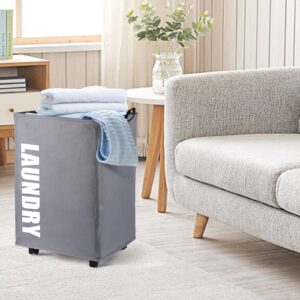 VENUSDALI Large Laundry Hamper,with Wheels Oxford Fabric Leather Handle,water Proof Folding Washing Bin,for Bedroom, Laundry Room, Closet, Bathroom, College, Dark Grey (Bark grey)