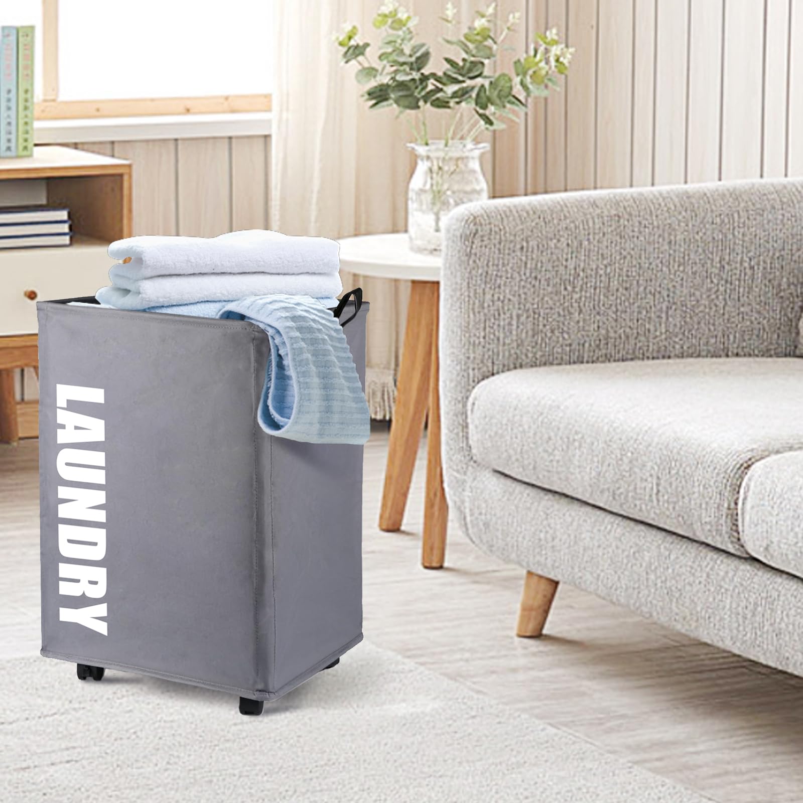 VENUSDALI Large Laundry Hamper,with Wheels Oxford Fabric Leather Handle,water Proof Folding Washing Bin,for Bedroom, Laundry Room, Closet, Bathroom, College, Dark Grey (Bark grey)