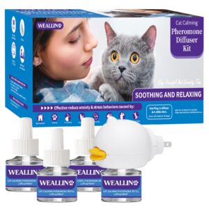 weallin cat calming diffuser kit - cat pheromones calming diffuser relieve anxiety & stress - 5-in-1 cat pheromone diffuser kit with 1 diffuser + 4 refill 48ml vial-120 days of comfort and relaxation