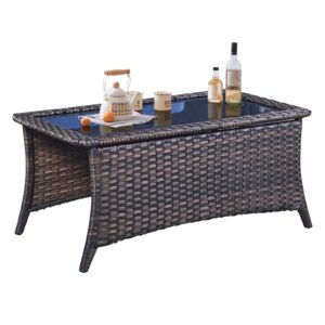 belord outdoor coffee table with tempered glass top, patio rectangular brown wicker table, handwoven rattan coffee table compatible with patio furniture sets for porch deck backyard