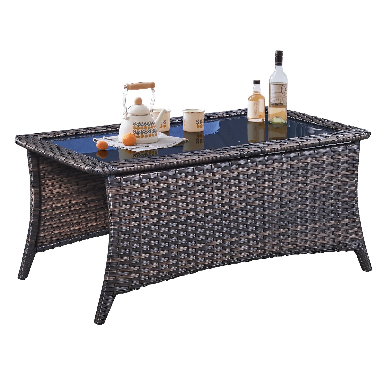 Belord Outdoor Coffee Table with Tempered Glass Top, Patio Rectangular Brown Wicker Table, Handwoven Rattan Coffee Table Compatible with Patio Furniture Sets for Porch Deck Backyard