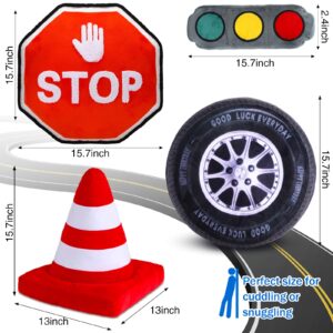 Sintuff 4 Pcs Racing Room Pillow Decorations Set 3D Simulation Wheel Tire Pillow Stop Sign Shaped Throw Pillow Traffic Safety Cone Decorative Plush Toy Kids Bedroom Car Theme Decor