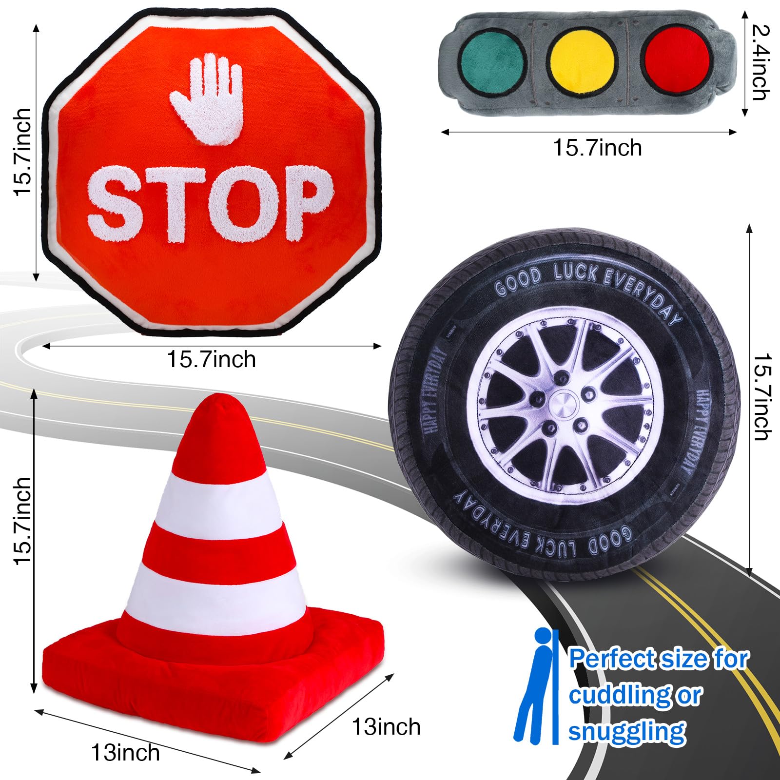 Sintuff 4 Pcs Racing Room Pillow Decorations Set 3D Simulation Wheel Tire Pillow Stop Sign Shaped Throw Pillow Traffic Safety Cone Decorative Plush Toy Kids Bedroom Car Theme Decor