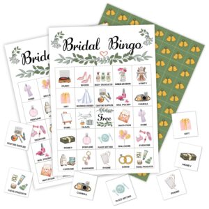 ziyouza greenery bridal bingo - bridal shower games, 24 players bingo games for wedding party, engagement bachelorette tea party, greenery bridal shower party bingo game -01