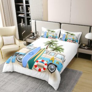 100% natural cotton ocean beach duvet cover twin, cartoon surfboard bus bedding set, palm trees comforter cover for kids boys girls teens, tropical coastal summer holiday bedspread cover room decor