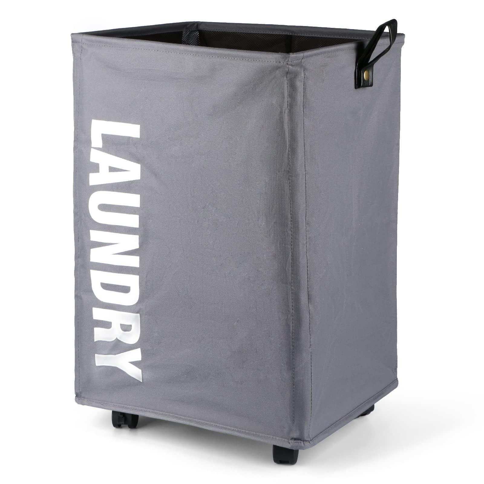 VENUSDALI Large Laundry Hamper,with Wheels Oxford Fabric Leather Handle,water Proof Folding Washing Bin,for Bedroom, Laundry Room, Closet, Bathroom, College, Dark Grey (Bark grey)