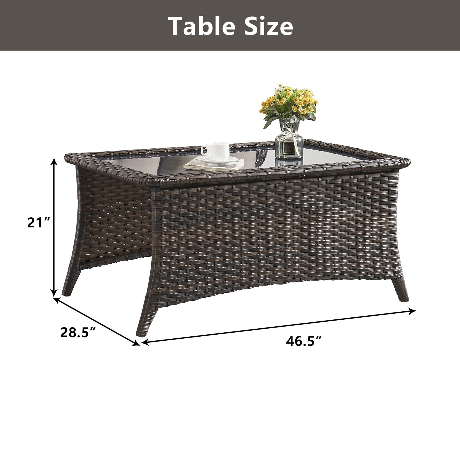 Belord Outdoor Coffee Table with Tempered Glass Top, Patio Rectangular Brown Wicker Table, Handwoven Rattan Coffee Table Compatible with Patio Furniture Sets for Porch Deck Backyard