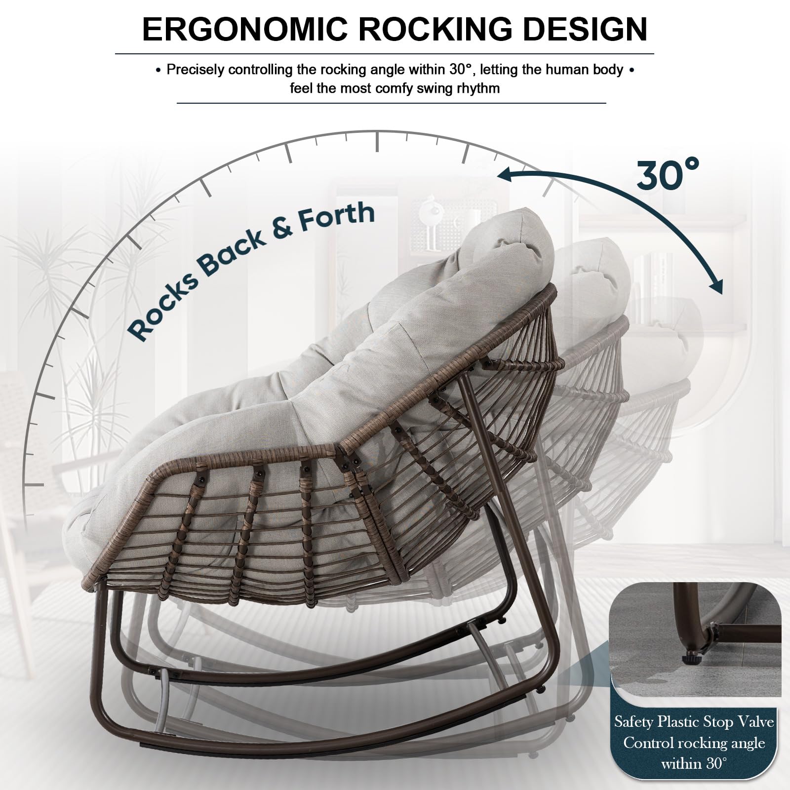 Outdoor Rocking Chair, Patio Oversized Wicker Egg Rocking Chair, Indoor & Outdoor Comfy Rocker Chair with Thick Cushion, Modern Lounge Chair for Balcony, Front Porch, Garden, Backyard, Deck, Beige