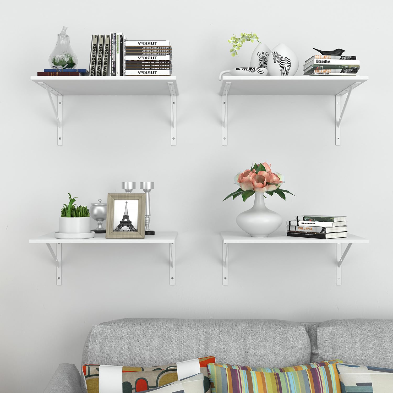 Deep Floating Shelves for Wall 4 Sets, 12 Inch Deep Floating Wall Shelves White, Wide Floating Shelhiteves Wall Mounted, Large Floating Shelves for Bathroom, Bedroom, Kitchen, Living Room, Office