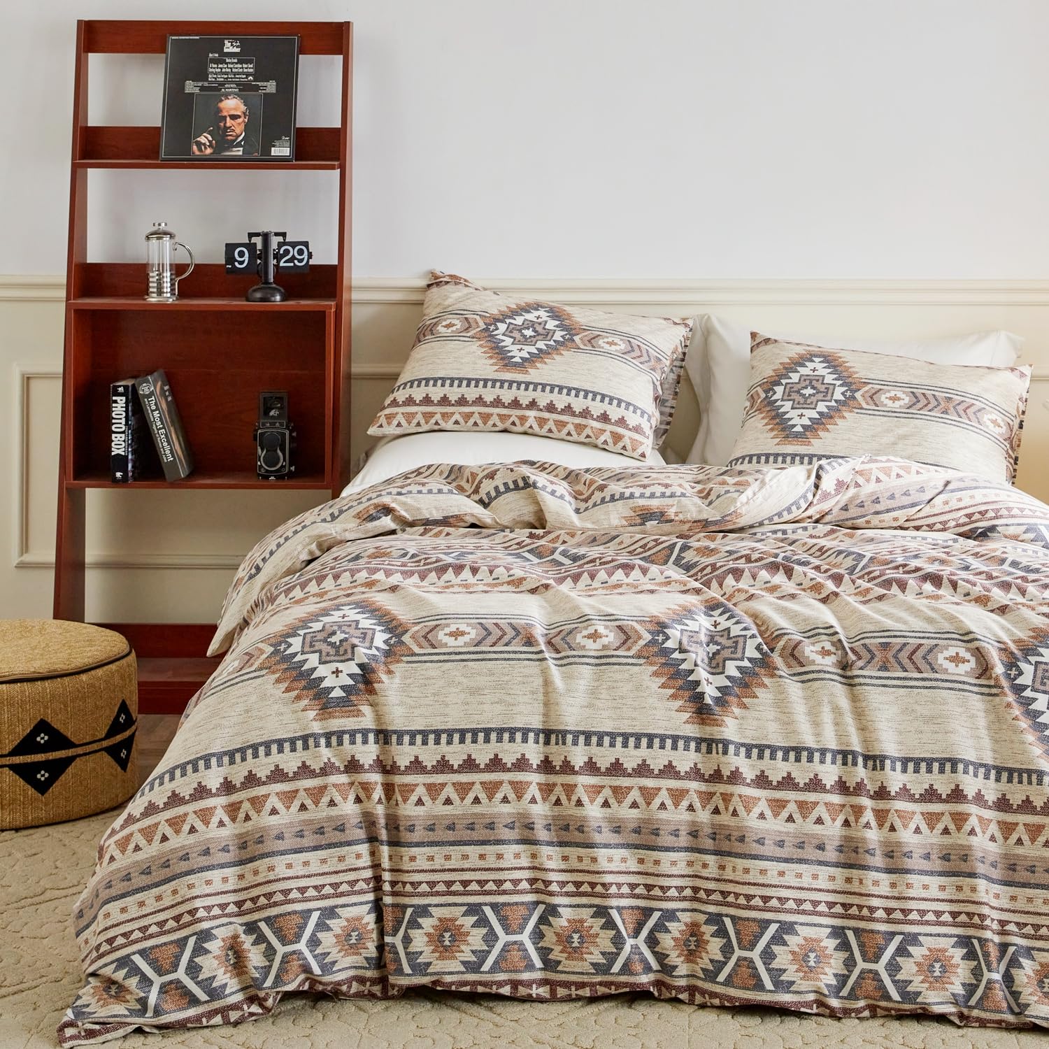 YuHeGuoJi Boho Aztec Duvet Cover King 100% Cotton Vintage Bohemian Duvet Cover 3 Pcs Set 1 Southwestern Triangle Patterned Duvet Cover with Zipper Ties 2 Pillowcases Tribal Geometric Bedding Set