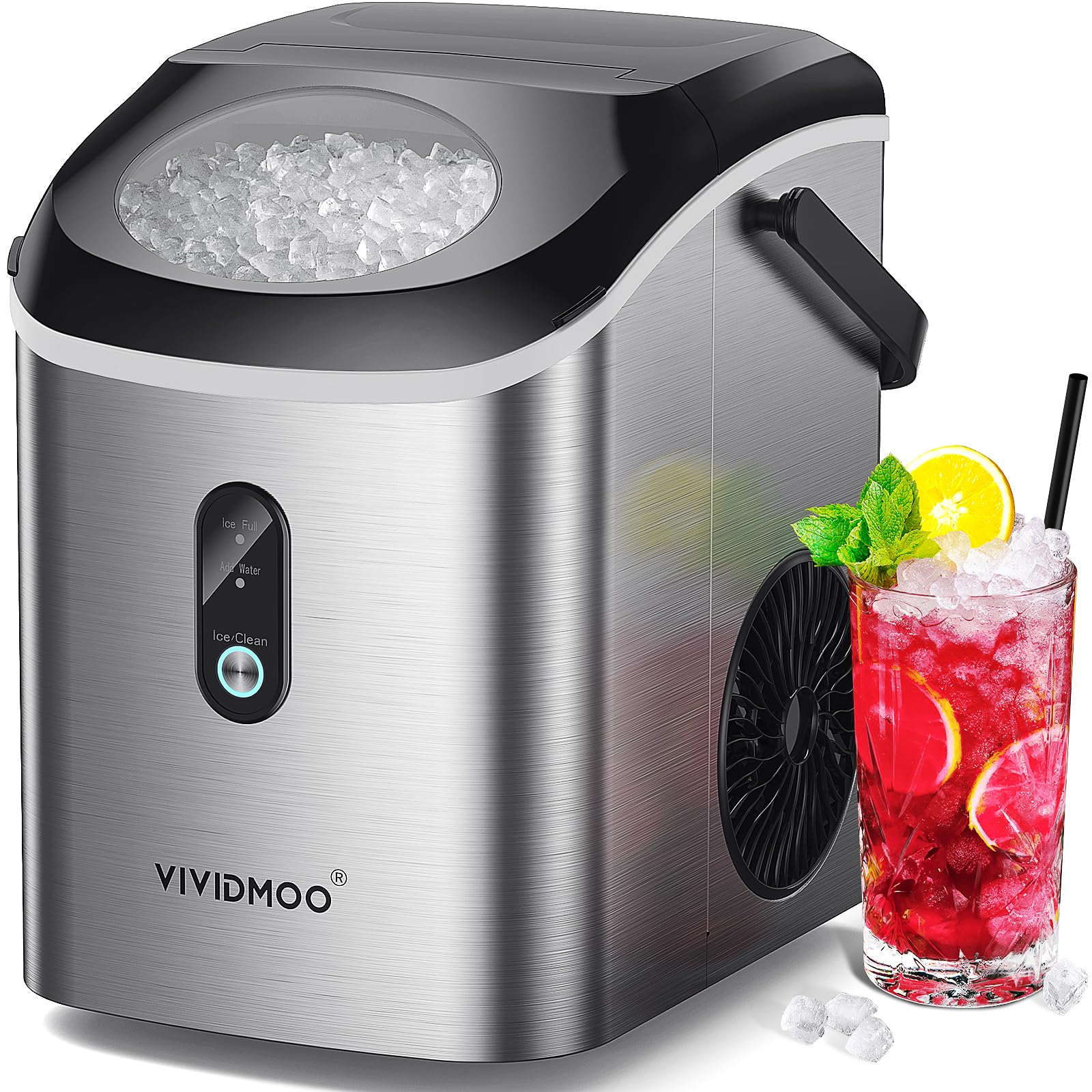 VIVIDMOO Nugget Ice Maker Countertop, 34lbs/24H Pebble Ice Machine, Self-Cleaning Sonic Ice Maker with Basket & Scoop, Compact Pellet Ice Maker for Home/Office/Kitchen/RV/Party, Stainless Steel