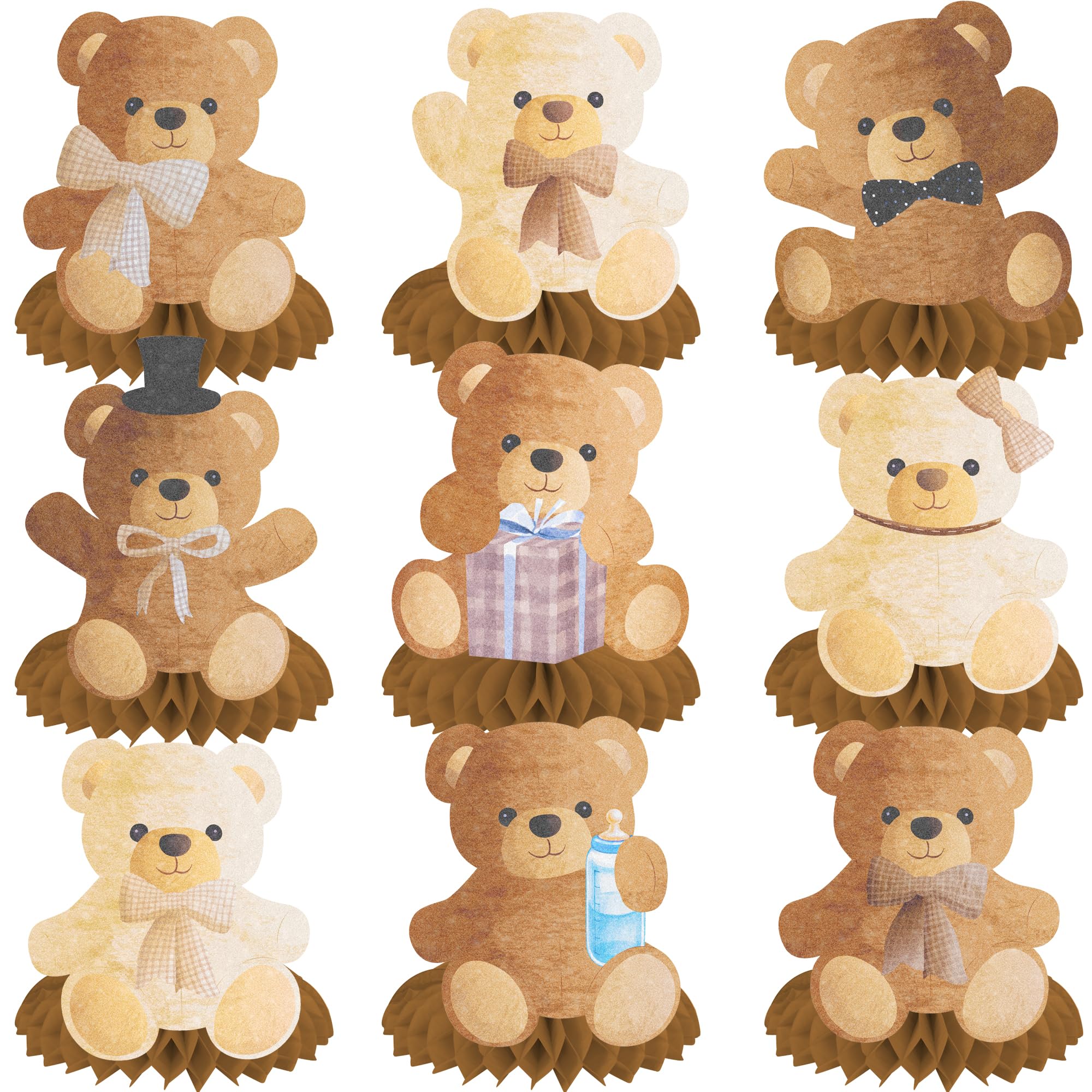 9pcs Teddy Bear Honeycomb Centerpieces Teddy Bear Baby Shower Decorations Bear Themed Table Decorations for Kids Teddy Bear Themed Birthday Party Gender Reveal Party Baby Shower Supplies