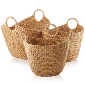 casafield set of 3 multipurpose boat baskets with handles - natural, woven water hyacinth storage organizers for throw blankets, bedroom, living room, laundry