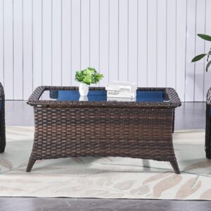 Belord Outdoor Coffee Table with Tempered Glass Top, Patio Rectangular Brown Wicker Table, Handwoven Rattan Coffee Table Compatible with Patio Furniture Sets for Porch Deck Backyard