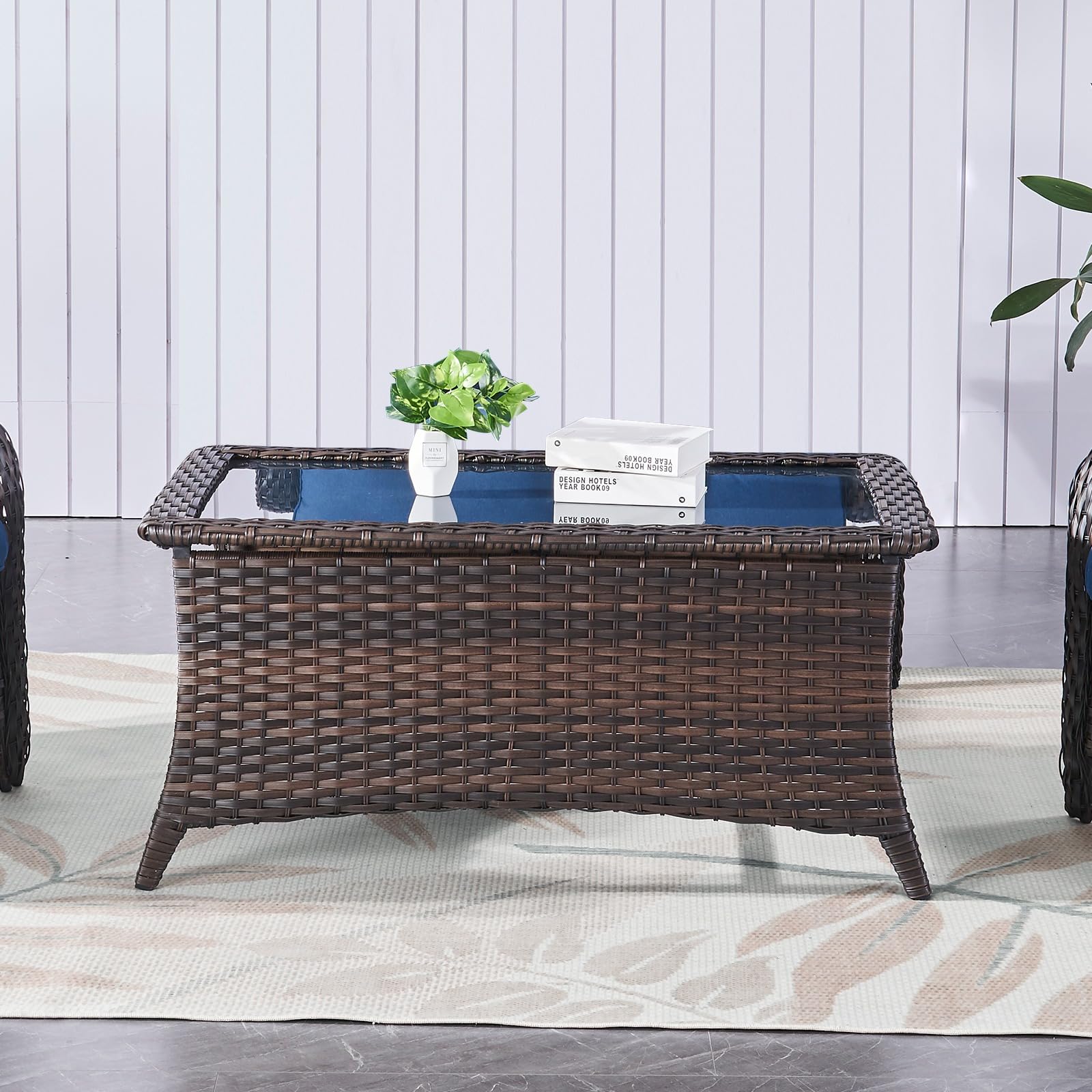 Belord Outdoor Coffee Table with Tempered Glass Top, Patio Rectangular Brown Wicker Table, Handwoven Rattan Coffee Table Compatible with Patio Furniture Sets for Porch Deck Backyard