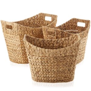 casafield set of 3 stackable oval laundry baskets with handles - natural, woven water hyacinth storage totes for throw blankets, bathroom, bedroom, living room