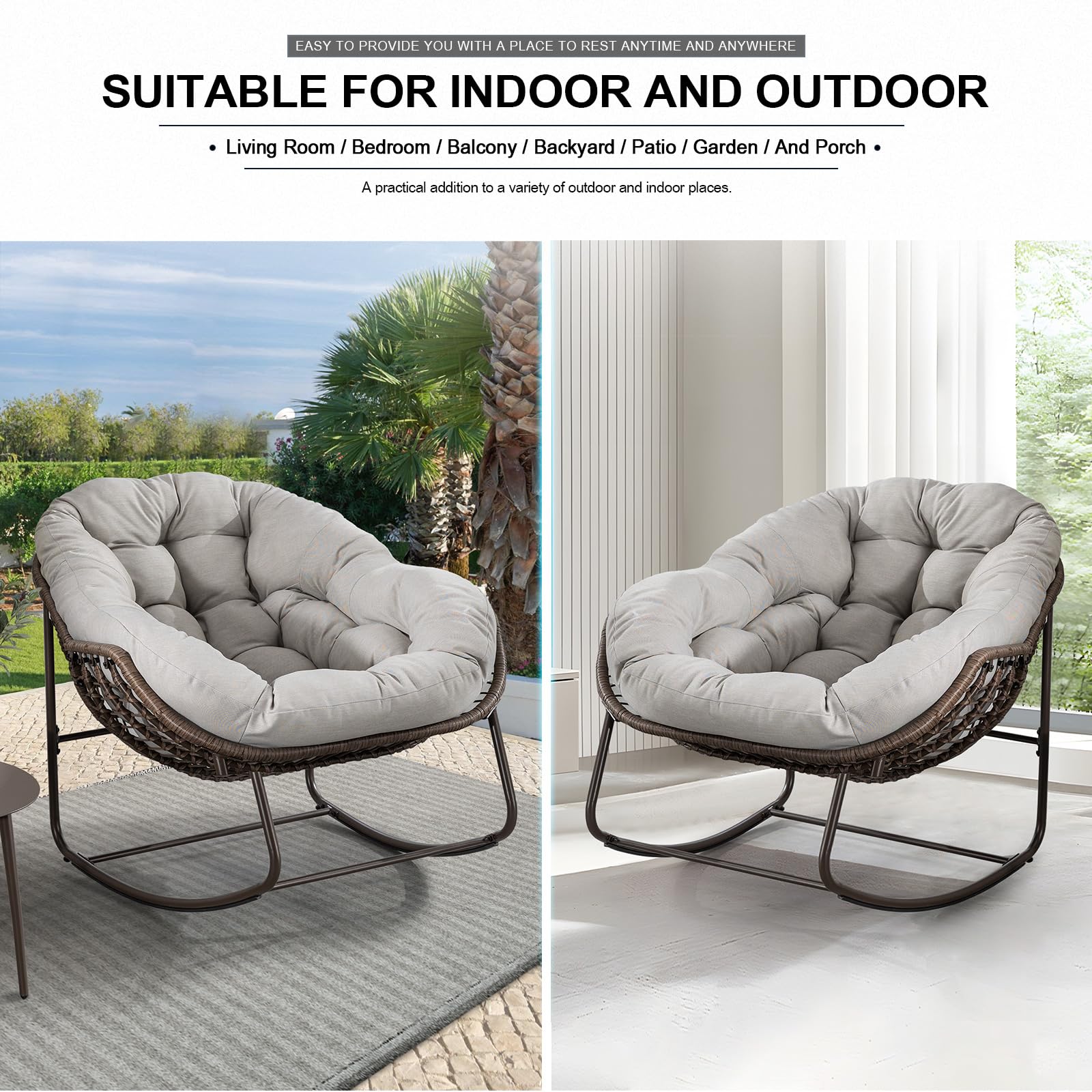 Outdoor Rocking Chair, Patio Oversized Wicker Egg Rocking Chair, Indoor & Outdoor Comfy Rocker Chair with Thick Cushion, Modern Lounge Chair for Balcony, Front Porch, Garden, Backyard, Deck, Beige