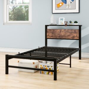 VERFARM Twin Bed Frame with Shelf Storage Wood Headboard, Strong Steel Slat Support, Heavy Duty Metal Platform Single Bed Frames No Box Spring Needed, Easy Assembly, Non-Slip Without Noise