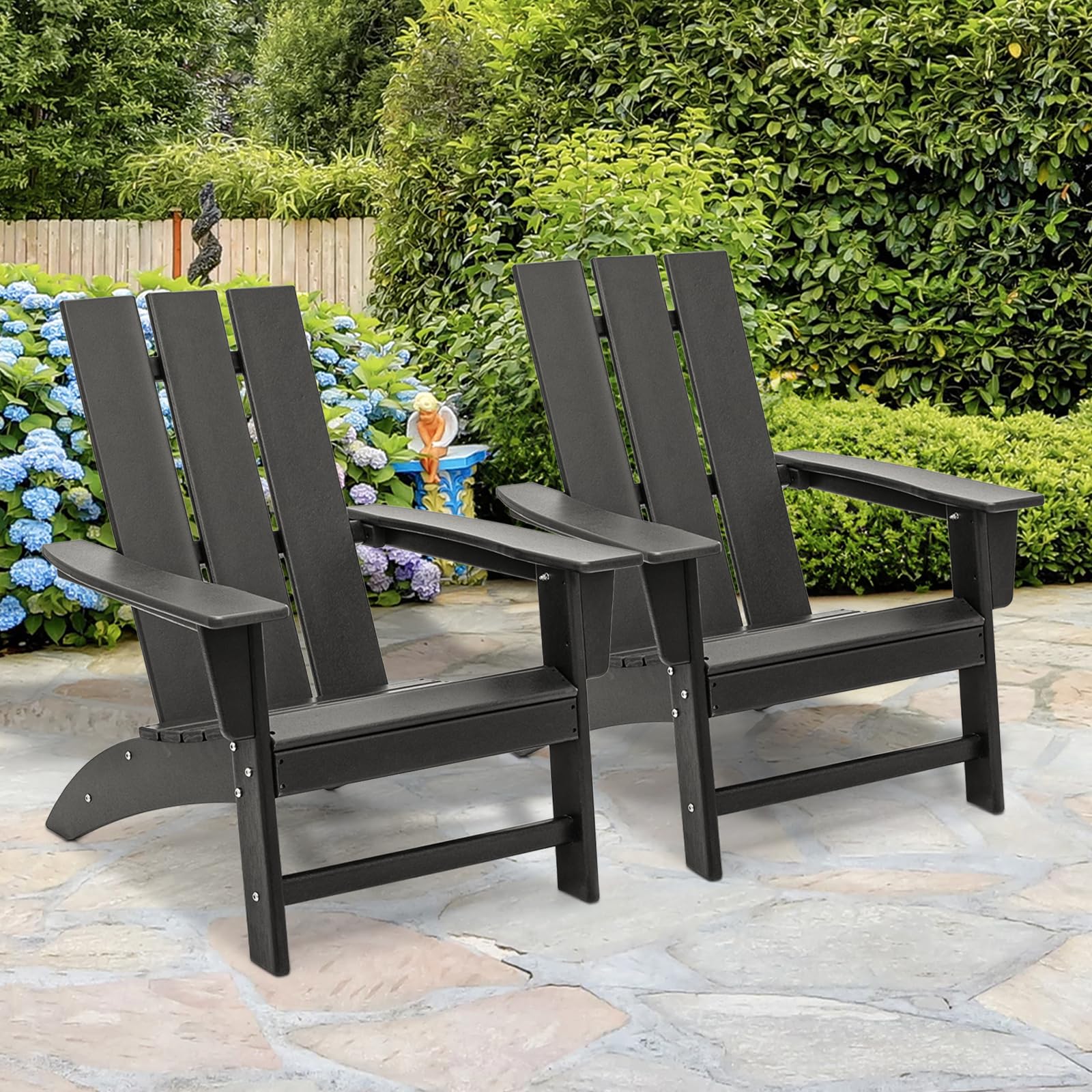 MoNiBloom Black Adirondack Chairs Set of 2, HDPE All-Weather Adirondack Patio Chair Outdoor Plastic Lawn Chair for Garden Backyard, Composite Patio Furniture for Firepit and Pool, 300Lbs Capacity