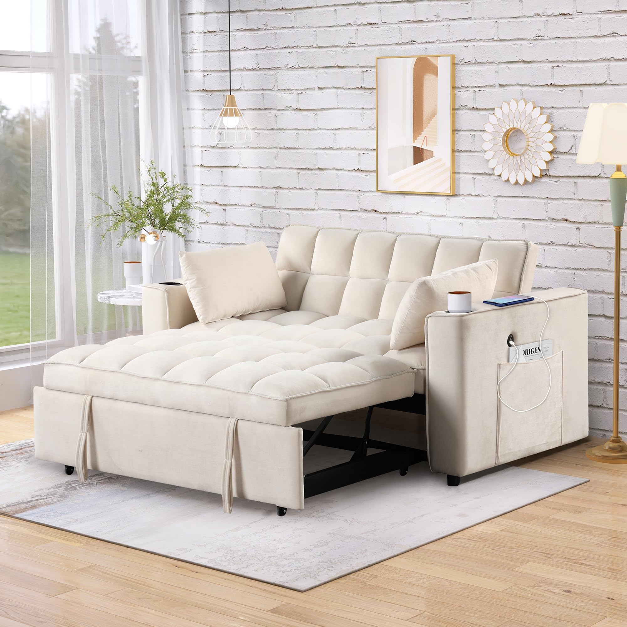 Harper & Bright Designs 55.3" 4-1 Multi-Functional Sofa Bed, Sleeper Sofa Bed with Cup Holder and USB Port for Living Room or Apartments, Cream White