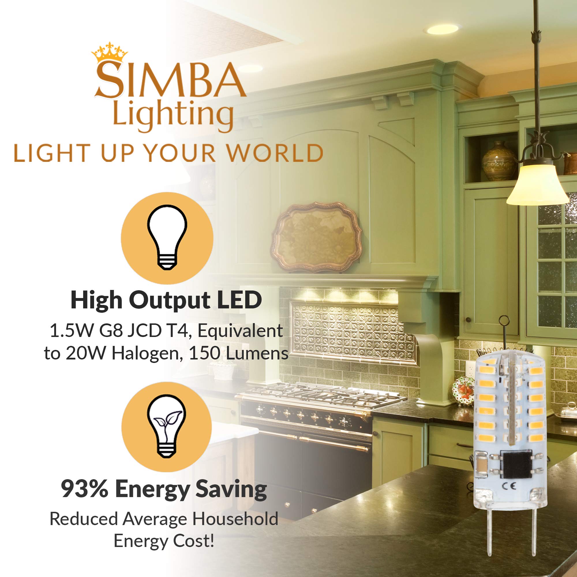 Simba Lighting G8 LED Dimmable Light Bulb (10 Pack) 1.5W T4 37mm 20W Halogen Replacement for Accent Lights, Under Cabinet Puck Light, Desk Lamps, Pendant Lights, 120V JCD Bi-Pin Base, Soft White 3000K