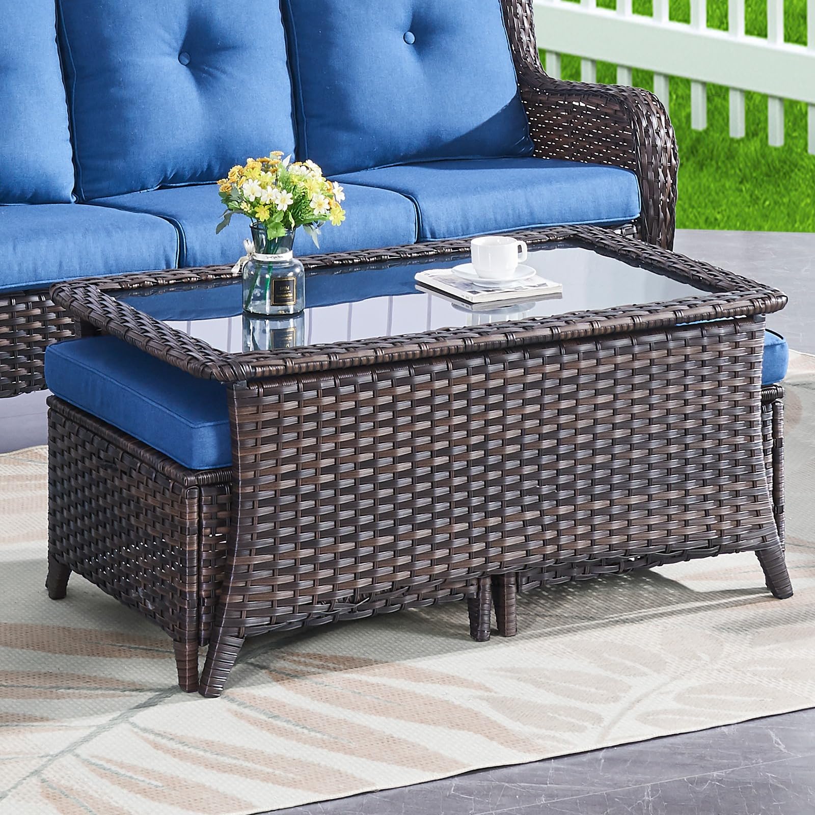 Belord Outdoor Coffee Table with Tempered Glass Top, Patio Rectangular Brown Wicker Table, Handwoven Rattan Coffee Table Compatible with Patio Furniture Sets for Porch Deck Backyard