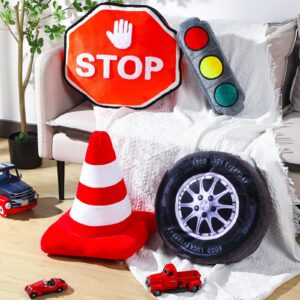 sintuff 4 pcs racing room pillow decorations set 3d simulation wheel tire pillow stop sign shaped throw pillow traffic safety cone decorative plush toy kids bedroom car theme decor