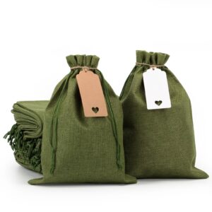 burlap bags with drawstring, 7x10" burlap favor sacks with tags and string (lot of 30) for wrapping christmas favors or gifts, birthday, wedding, party or household use(green)