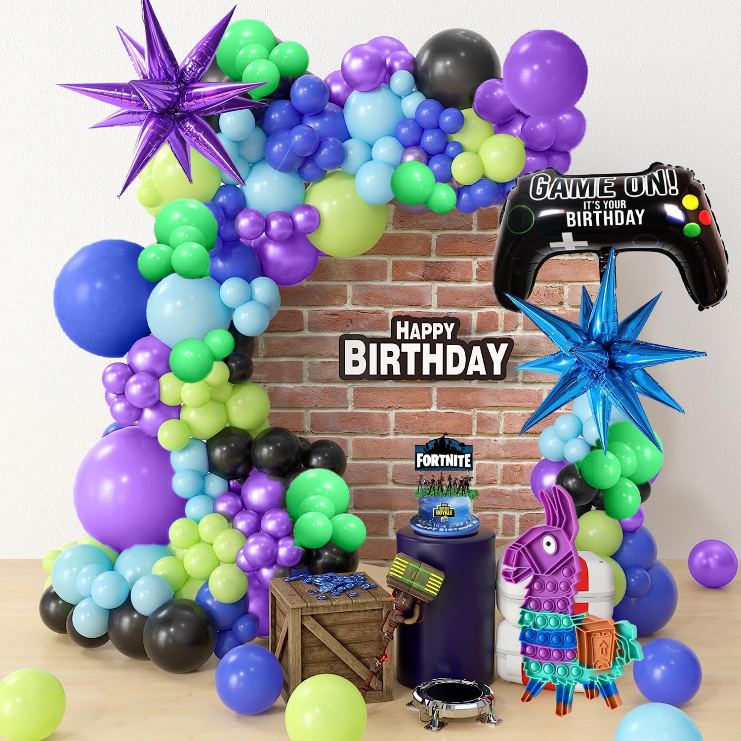 150Pcs Purple Blue Green Black Game Balloon Garland Kit for Video Game Theme Birthday Party Decorations, Video Game Party Supplies Gamer Decorations