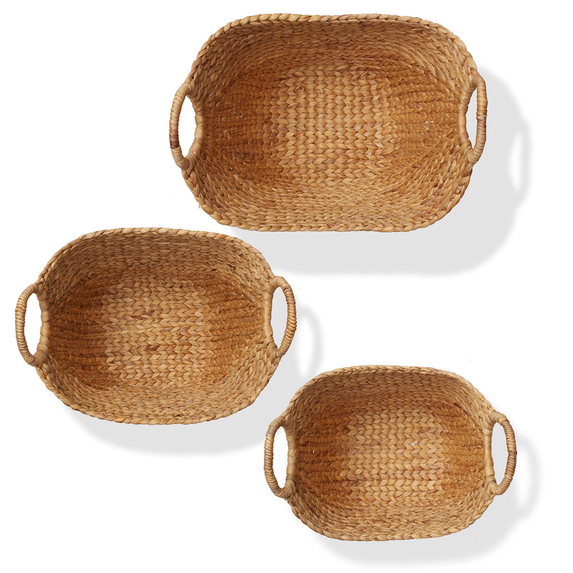 Casafield Set of 3 Multipurpose Boat Baskets with Handles - Natural, Woven Water Hyacinth Storage Organizers for Throw Blankets, Bedroom, Living Room, Laundry