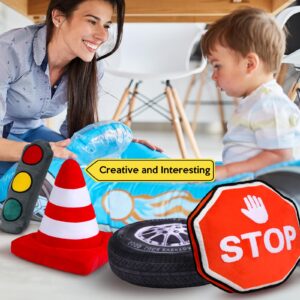 Sintuff 4 Pcs Racing Room Pillow Decorations Set 3D Simulation Wheel Tire Pillow Stop Sign Shaped Throw Pillow Traffic Safety Cone Decorative Plush Toy Kids Bedroom Car Theme Decor