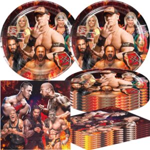 40pcs wrestling party supplies include 20 plates, 20 napkins for the wrestling birthday party decoration