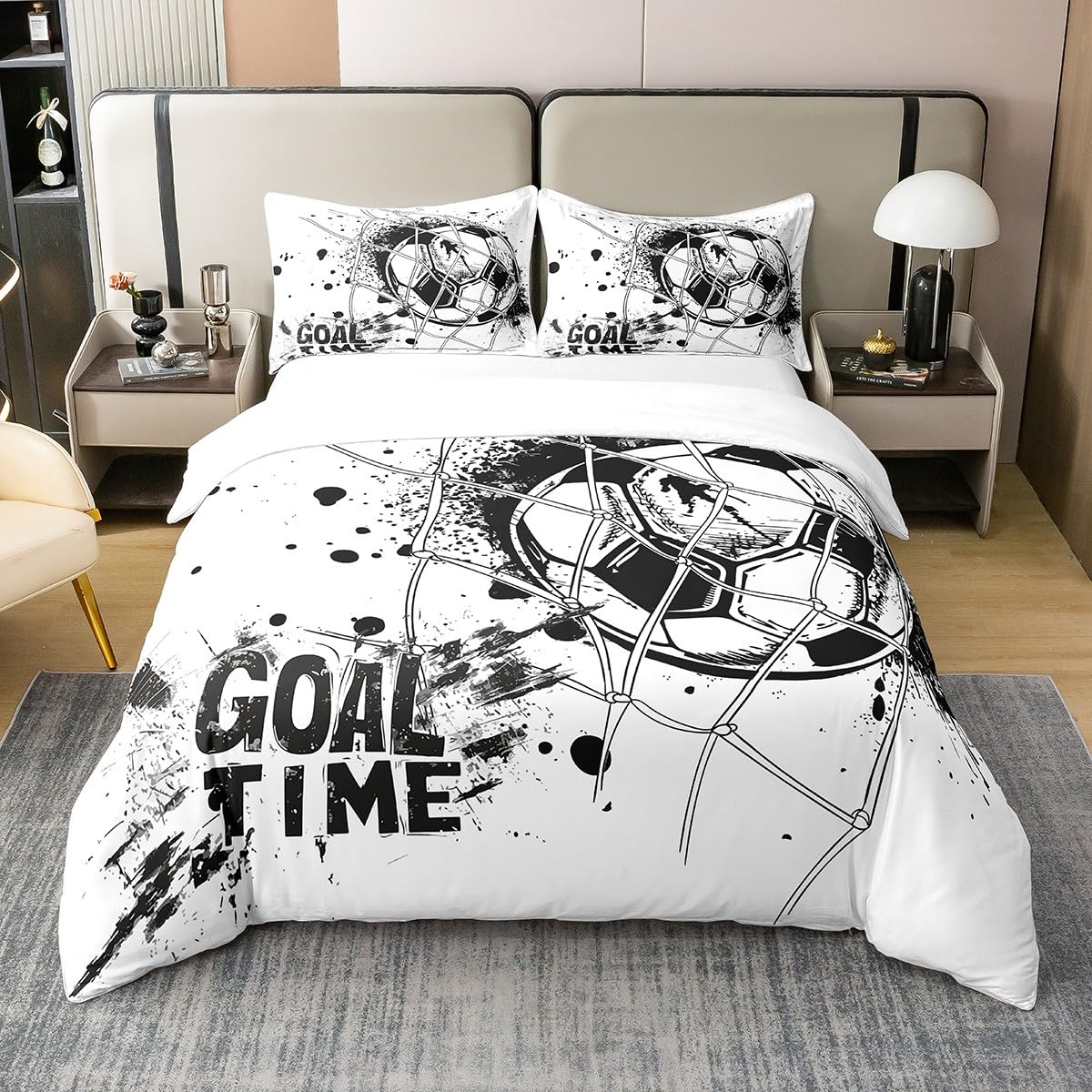 Kids Football 100% Cotton Comforter Cover Queen Size American Soccer Bedding Set Sports Games Duvet Cover For Boys Girls Children Teens Geometric Polygon Quilt Cover For Bedroom, Black White