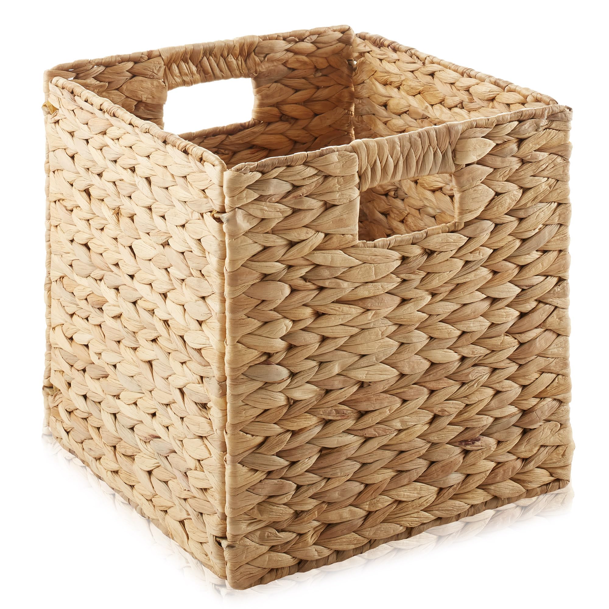 Casafield 10.5" x 10.5" Water Hyacinth Storage Baskets, Natural - Set of 6 Collapsible Cube Organizers, Woven Bins for Bathroom, Bedroom, Laundry, Pantry, Shelves