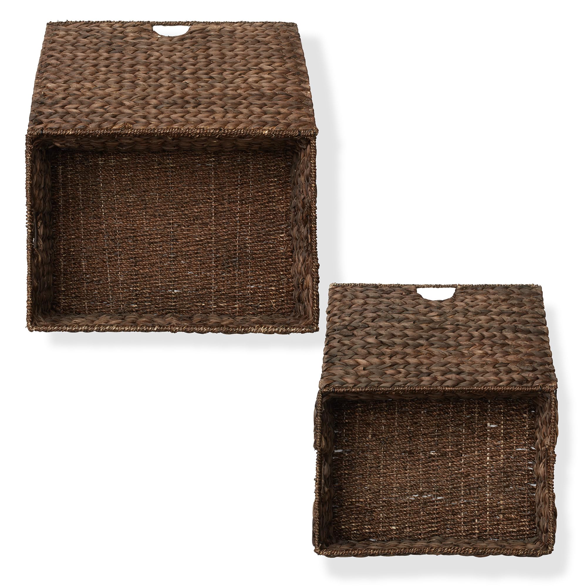 Casafield Set of 2 Water Hyacinth Rectangular Storage Baskets with Lids (Medium/Large), Multipurpose Decorative Shelf Organization Totes for Bedroom, Bathroom, Laundry, Home Office