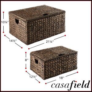 Casafield Set of 2 Water Hyacinth Rectangular Storage Baskets with Lids (Medium/Large), Multipurpose Decorative Shelf Organization Totes for Bedroom, Bathroom, Laundry, Home Office