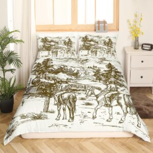 steam train duvet cover queen cowboys bedding set wild west american western desert hunting horse riding comforter cover for men teens hand drawn illustration mountain cactus room decor quilt cover