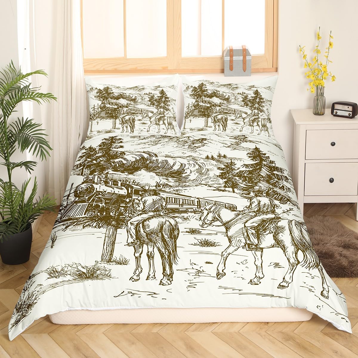 Steam Train Duvet Cover Queen Cowboys Bedding Set Wild West American Western Desert Hunting Horse Riding Comforter Cover For Men Teens Hand Drawn Illustration Mountain Cactus Room Decor Quilt Cover