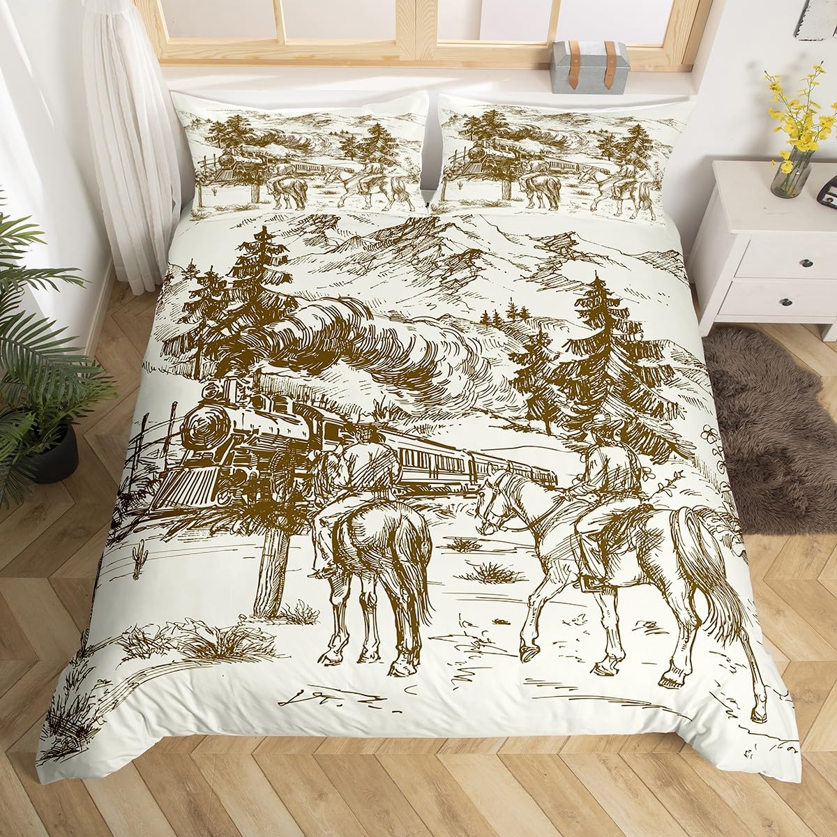 Steam Train Duvet Cover Queen Cowboys Bedding Set Wild West American Western Desert Hunting Horse Riding Comforter Cover For Men Teens Hand Drawn Illustration Mountain Cactus Room Decor Quilt Cover