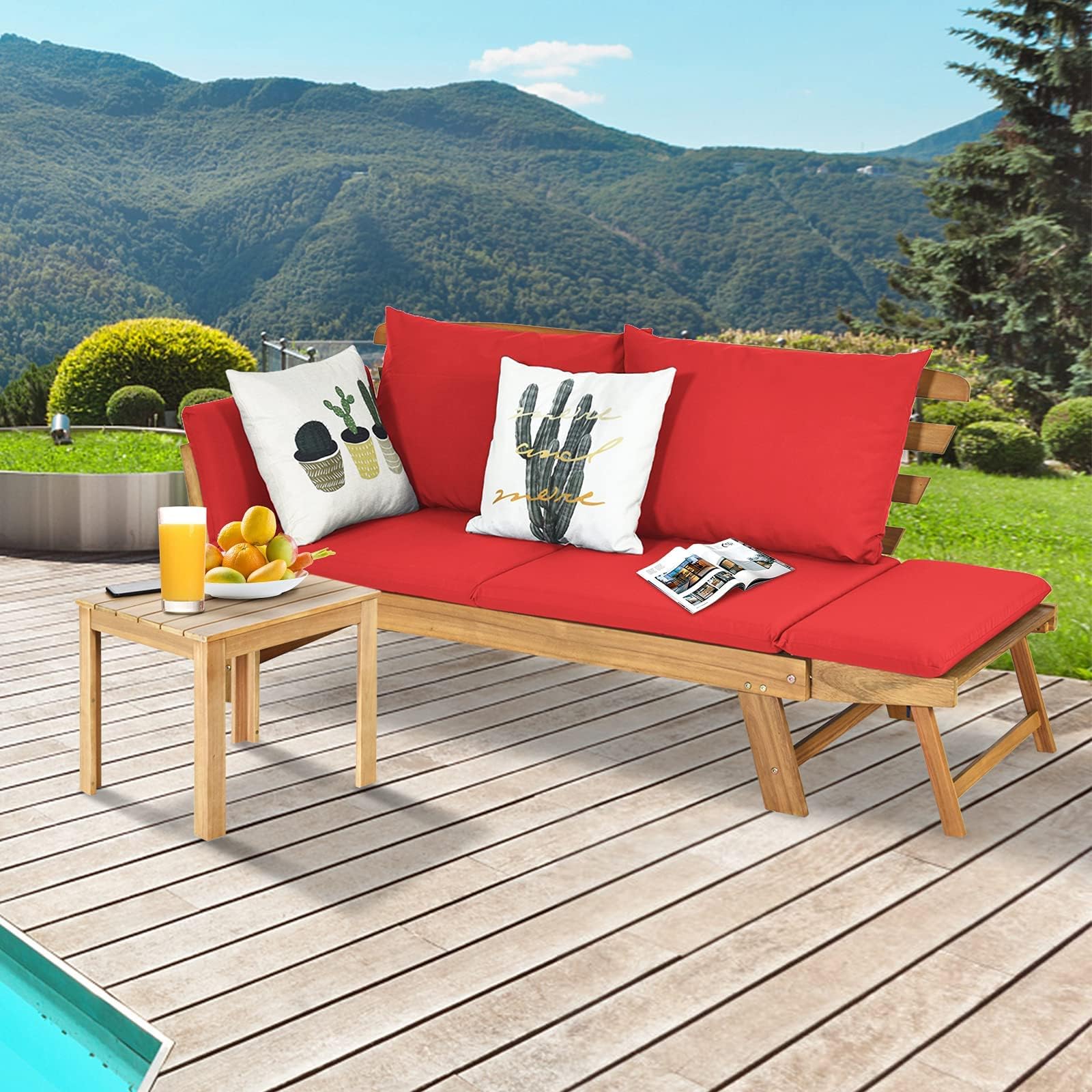 DORTALA Patio Convertible Couch Sofa Bed, Acacia Wood Daybed w/Adjustable Armrest, Collapsible Chaise Lounge w/Cushions & Pillows, Outdoor Loveseat forPoolside, Courtyard (Red)