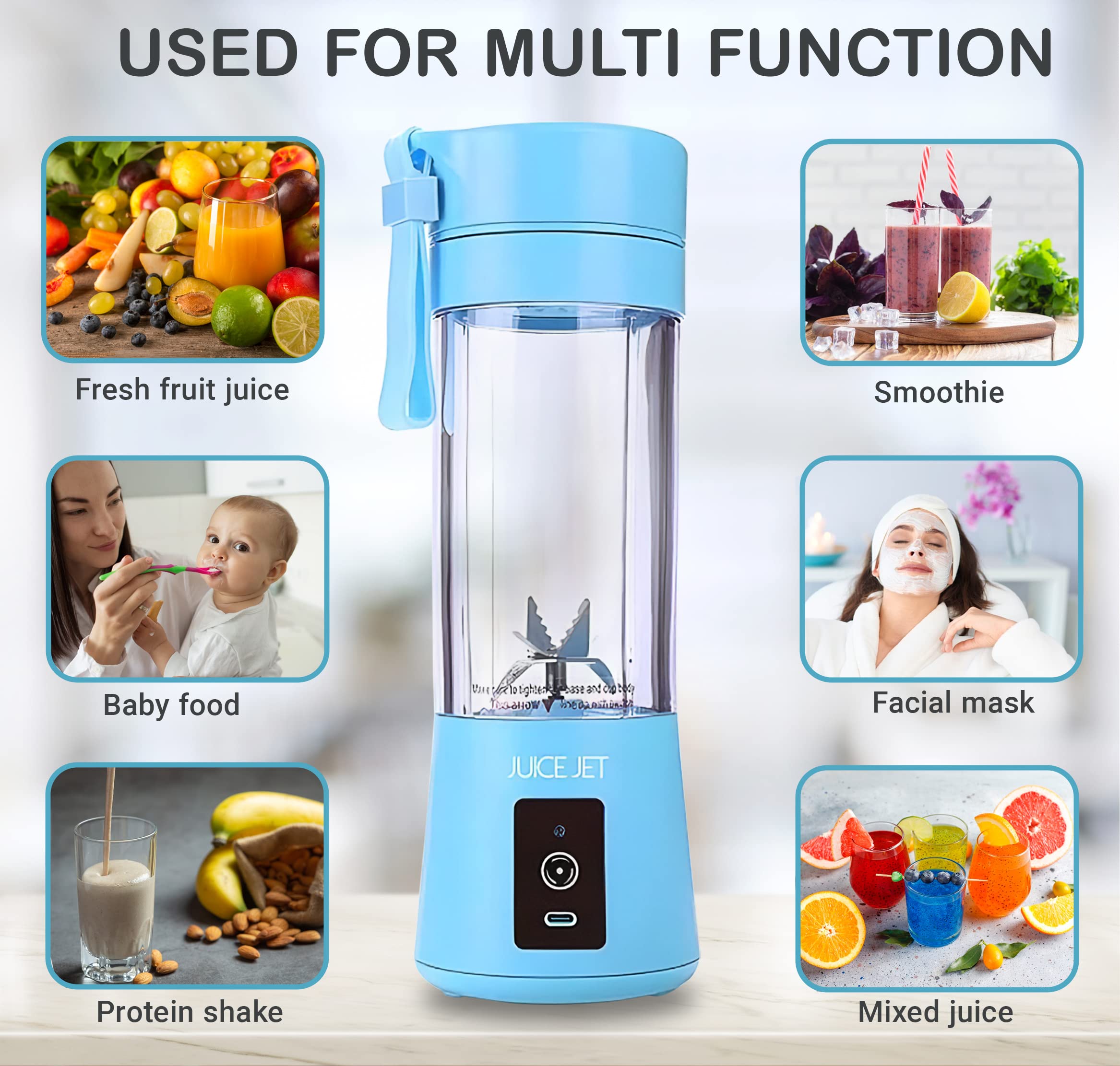 Juice Jet, Portable Blender, Mixer, USB Rechargeble, Personal Blender, Handheld Blender, Travel, Gym, Home, Outdoor, Office (Blue)