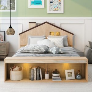 harper & bright designs full size platform bed with storage and headboard footboard led lights, solid wood house bed frame, no box spring needed, easy assembly (wood color)