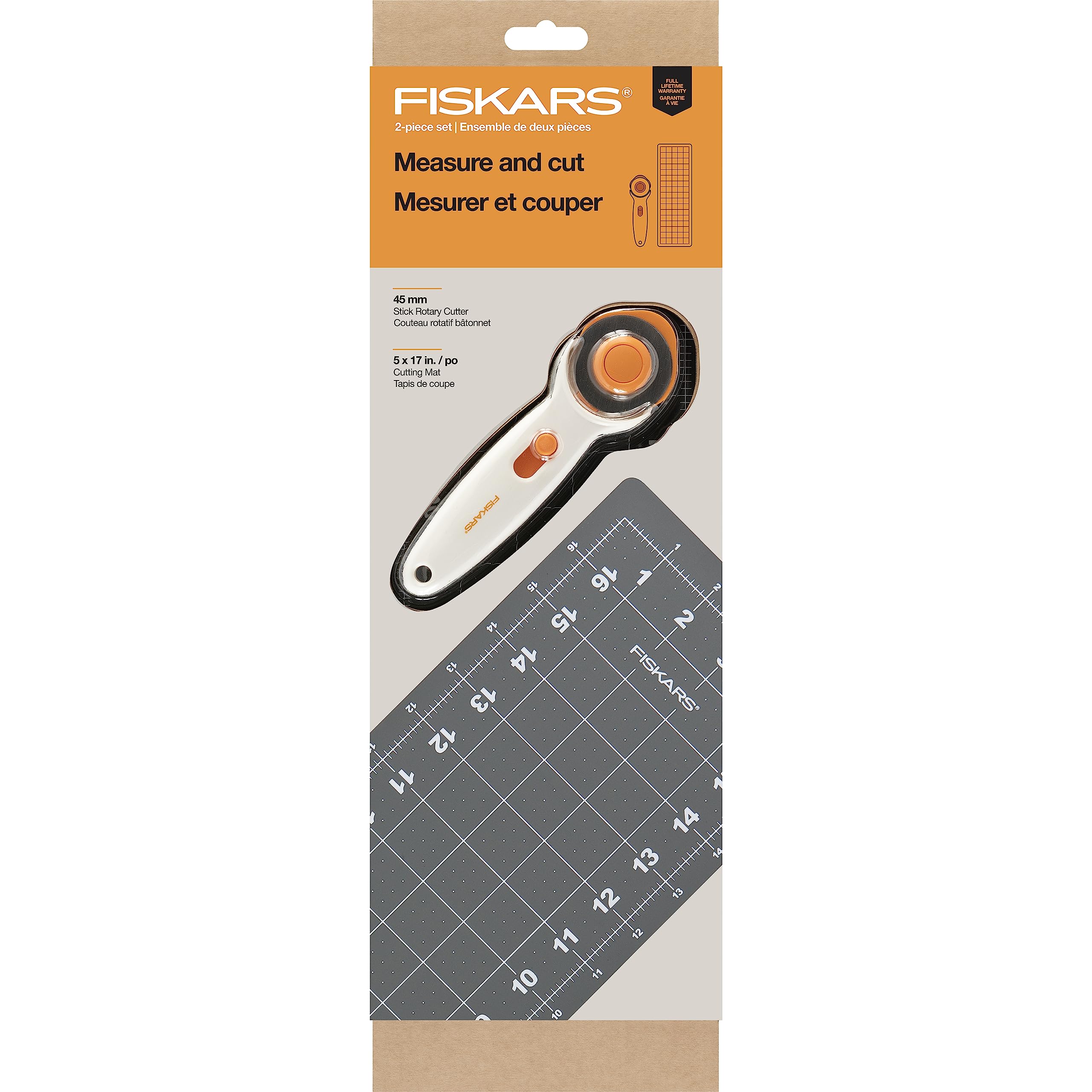 Fiskars Fabric Cutting 2pc Set for Sewing - with 45mm Rotary Cutter and 5in x 17in Cutting Mat