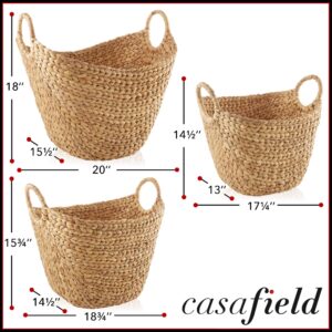 Casafield Set of 3 Multipurpose Boat Baskets with Handles - Natural, Woven Water Hyacinth Storage Organizers for Throw Blankets, Bedroom, Living Room, Laundry