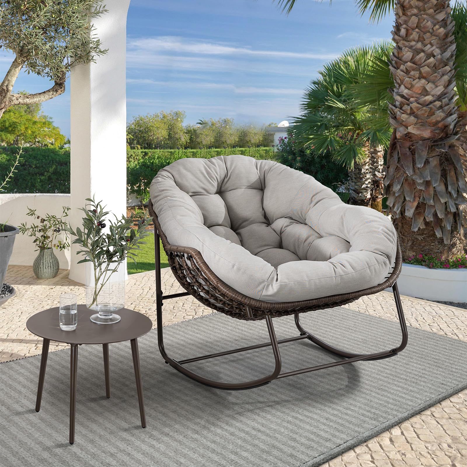 Outdoor Rocking Chair, Patio Oversized Wicker Egg Rocking Chair, Indoor & Outdoor Comfy Rocker Chair with Thick Cushion, Modern Lounge Chair for Balcony, Front Porch, Garden, Backyard, Deck, Beige